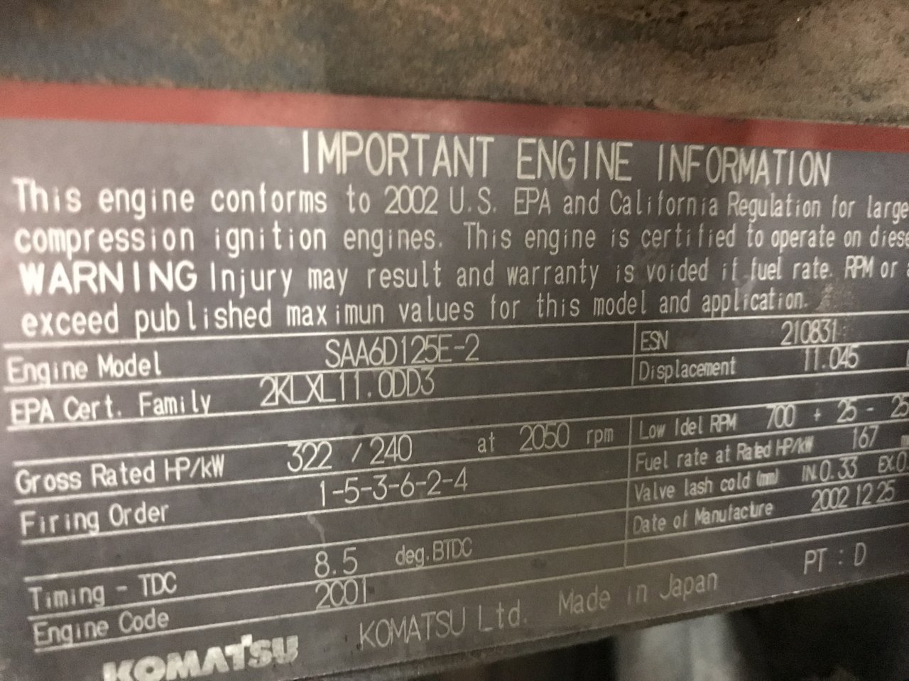 Komatsu SAA6D125E-2 Engine Assembly for Sale